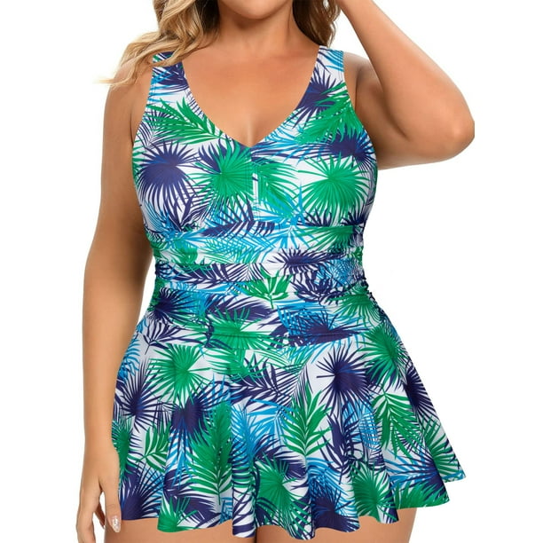 Women's Plus Size Ruched One Piece Swimdress Tummy Control Floral ...