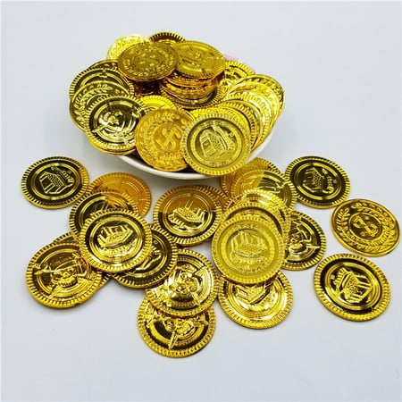 Dinohhi 100 Pieces Kids Pirate Gold Coins Fake Treasure Chest Coins ...