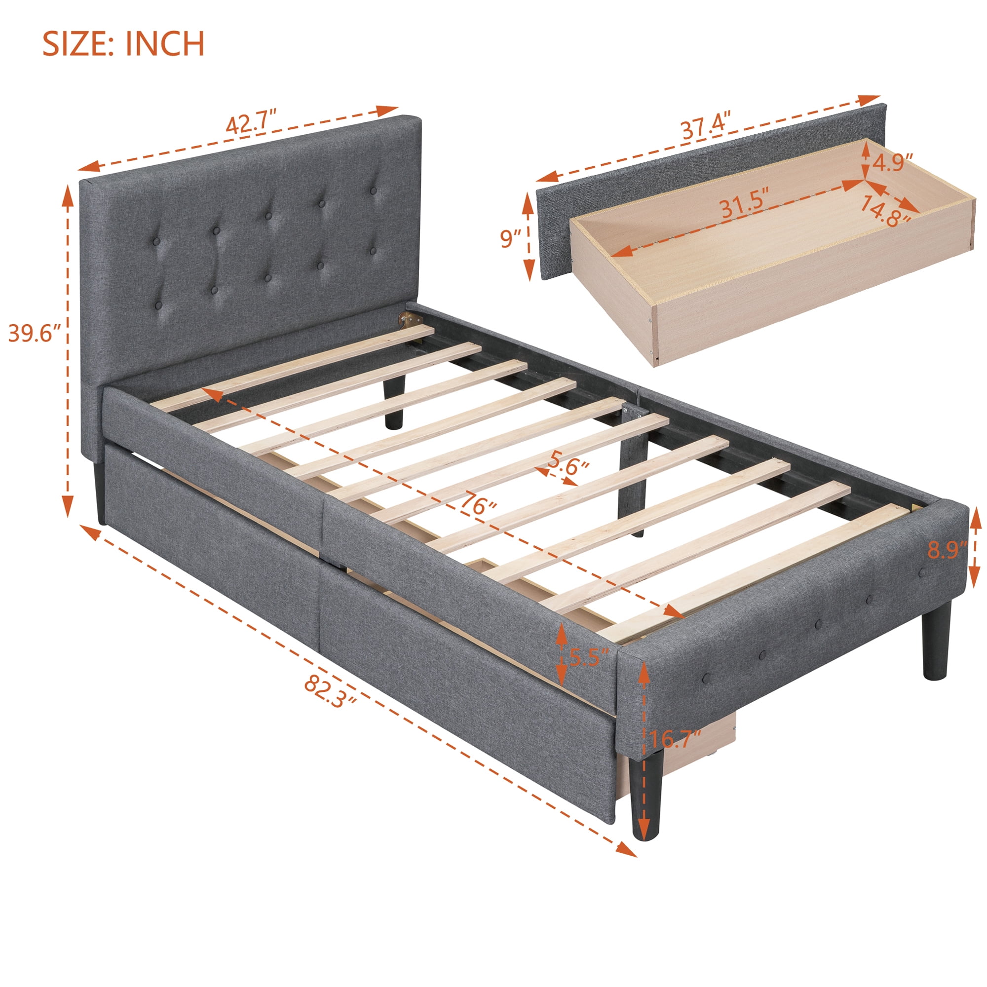 Sesslife Upholstered Twin Bed with Storage Twin Size Upholstered Platform Bed with 2 Drawers and Button Tufted Headboard Modern Single Bed Frame for