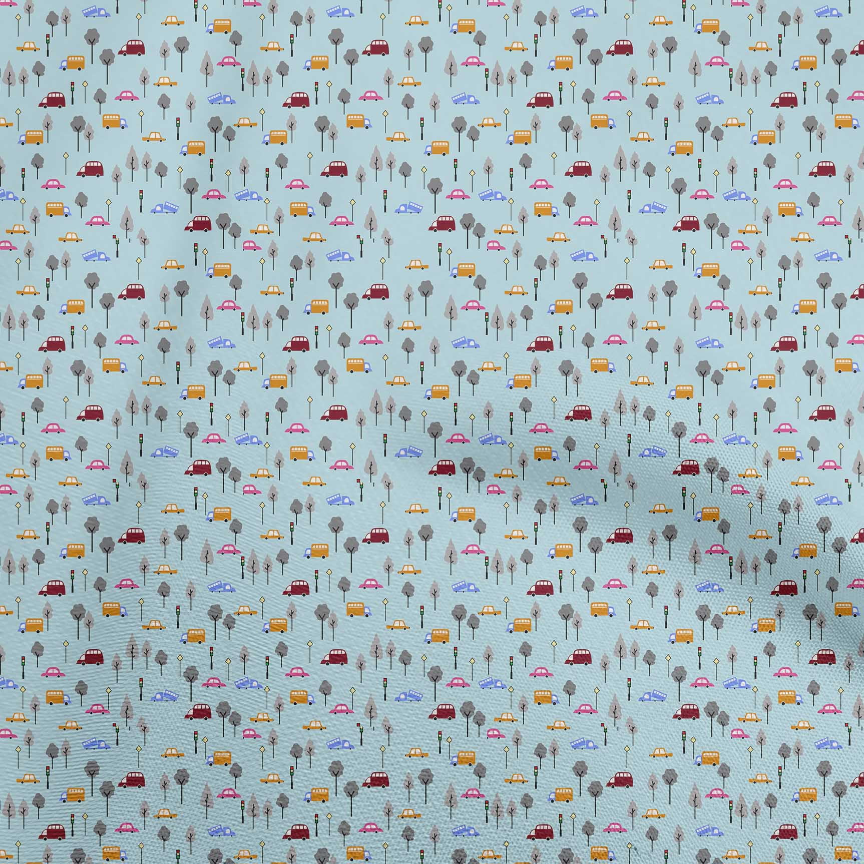 oneOone Cotton Cambric Sky Blue Fabric Transport Sewing Material Print ...