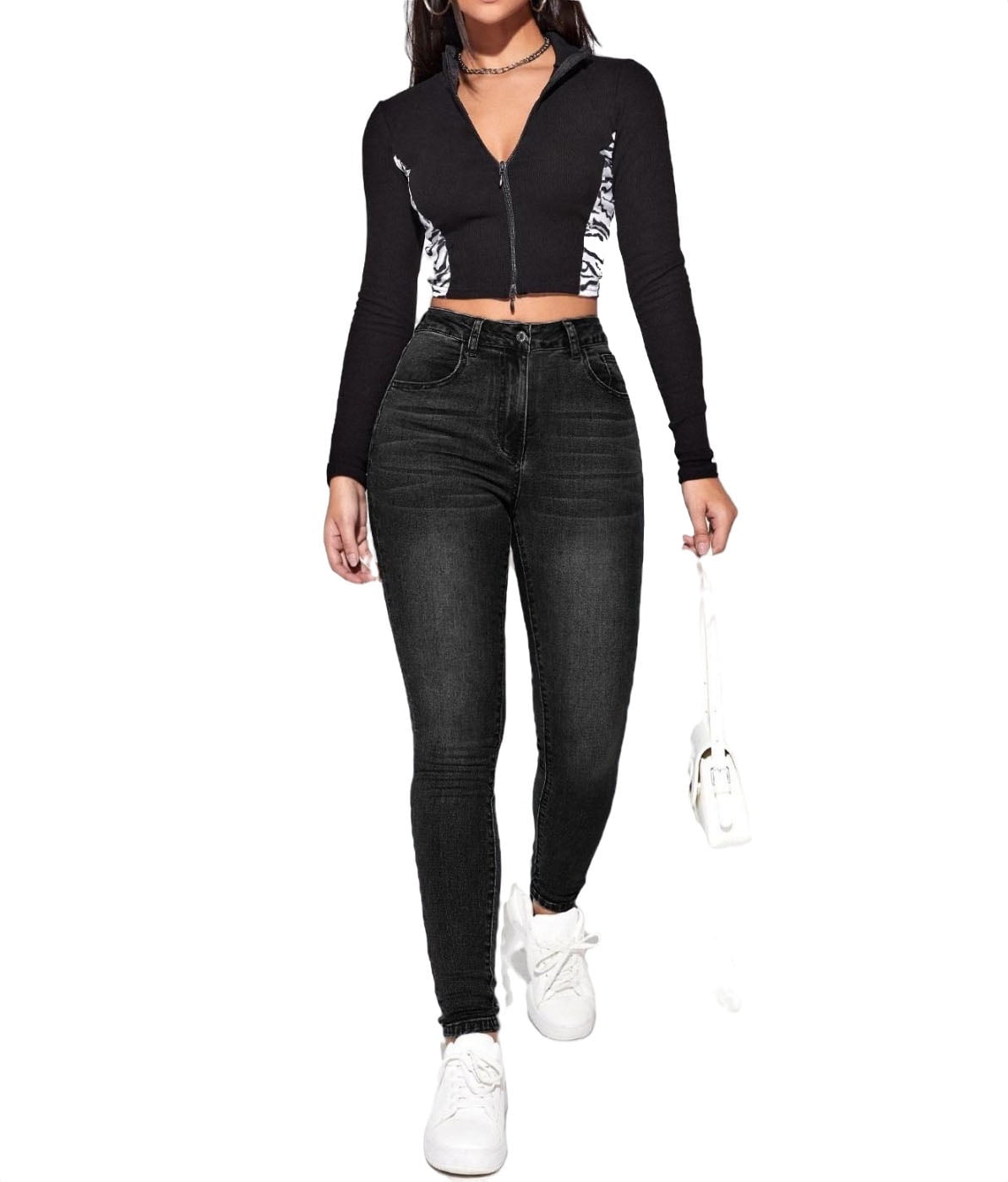 Womens Jeans Plain Zipper Long Skinny Black trousers S - Walmart.com