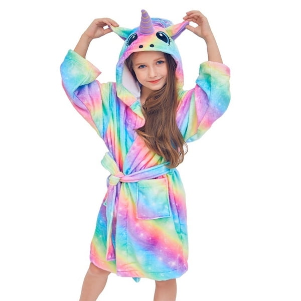 Kids Unicorn Hooded Robe Girls Bathrobe Fleece Sleepwear Children ...