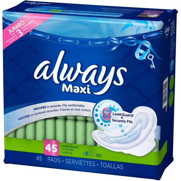 Always Maxi Size 2 Long Super Pads with Wings, Unscented, 45 Count ...