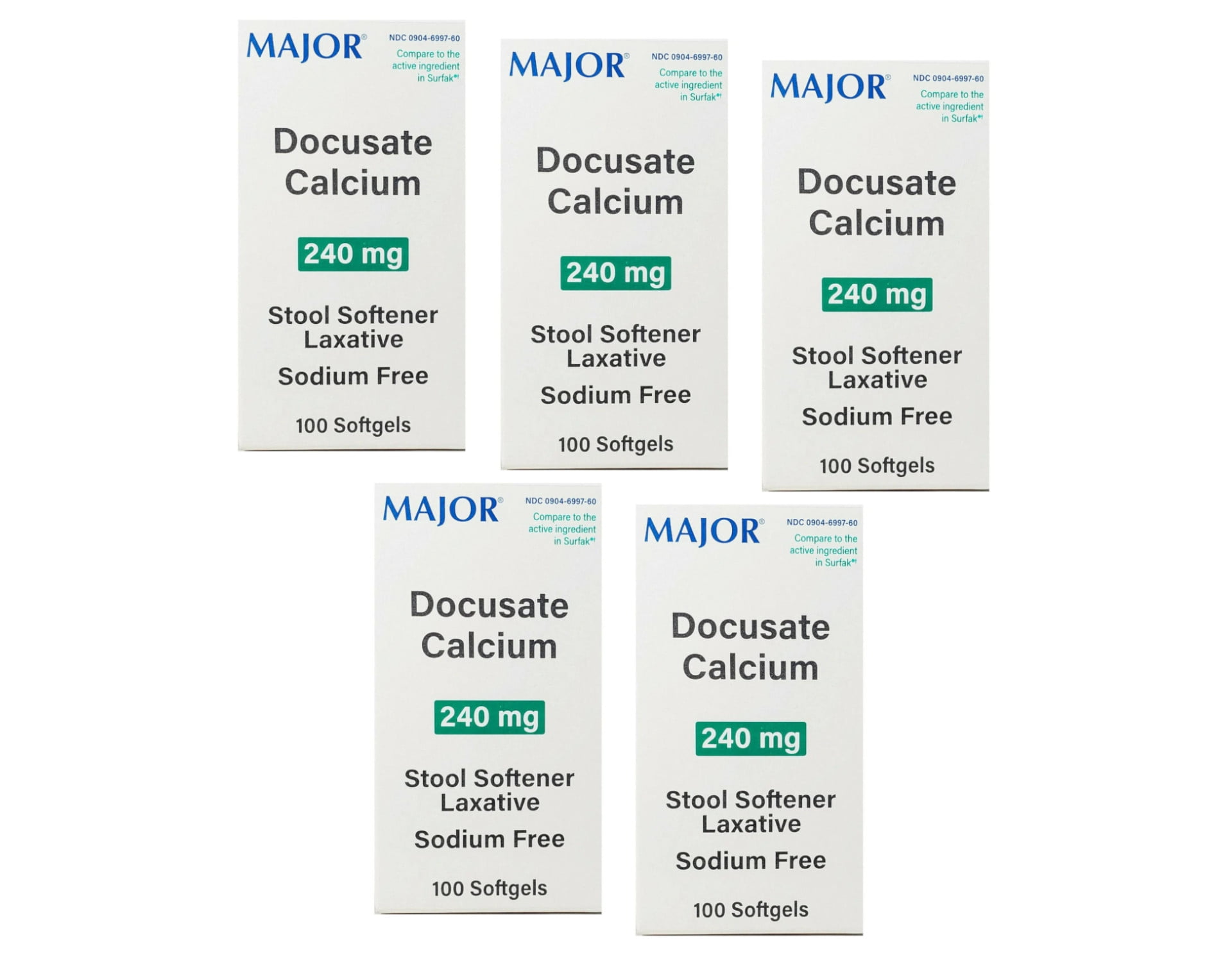 5 Pack - Major Docusate Calcium 240mg Stool Softener Laxative Softgels ...