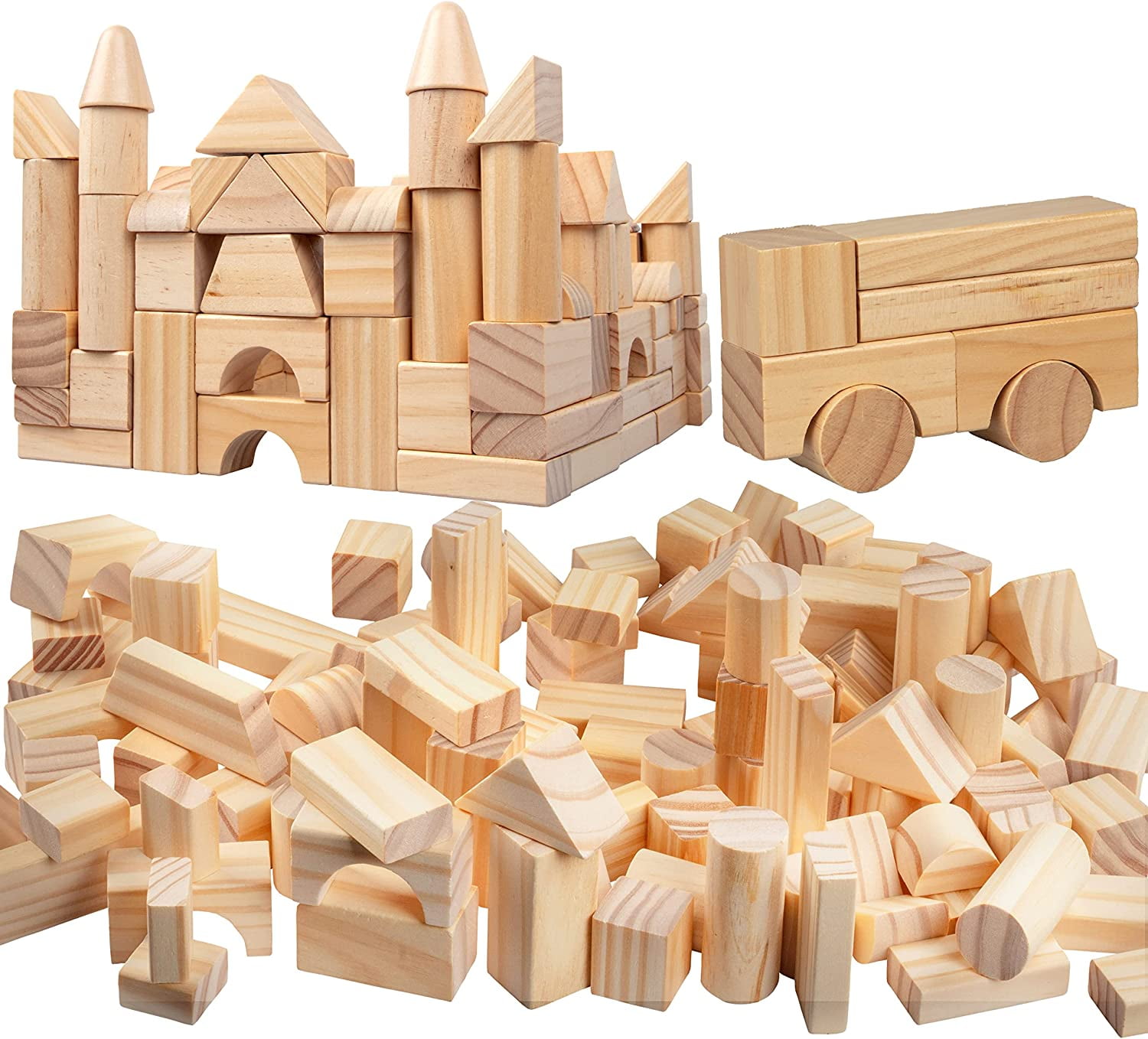 Wooden Blocks - 100 Pc Wood Building Block Set with Carrying Bag and ...