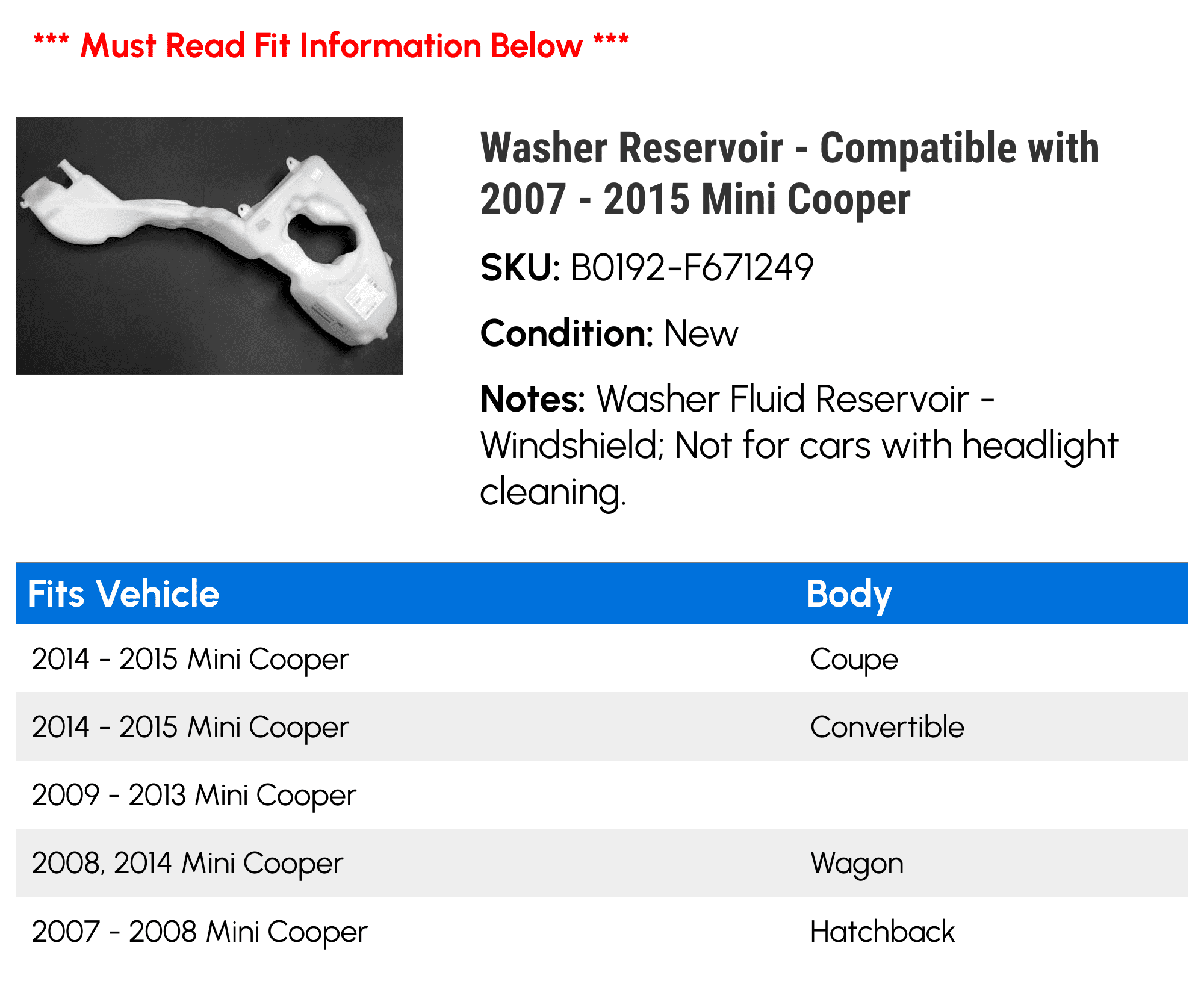 Buy Washer Reservoir - Compatible with 2007 - 2015 Mini Cooper 2008 ...