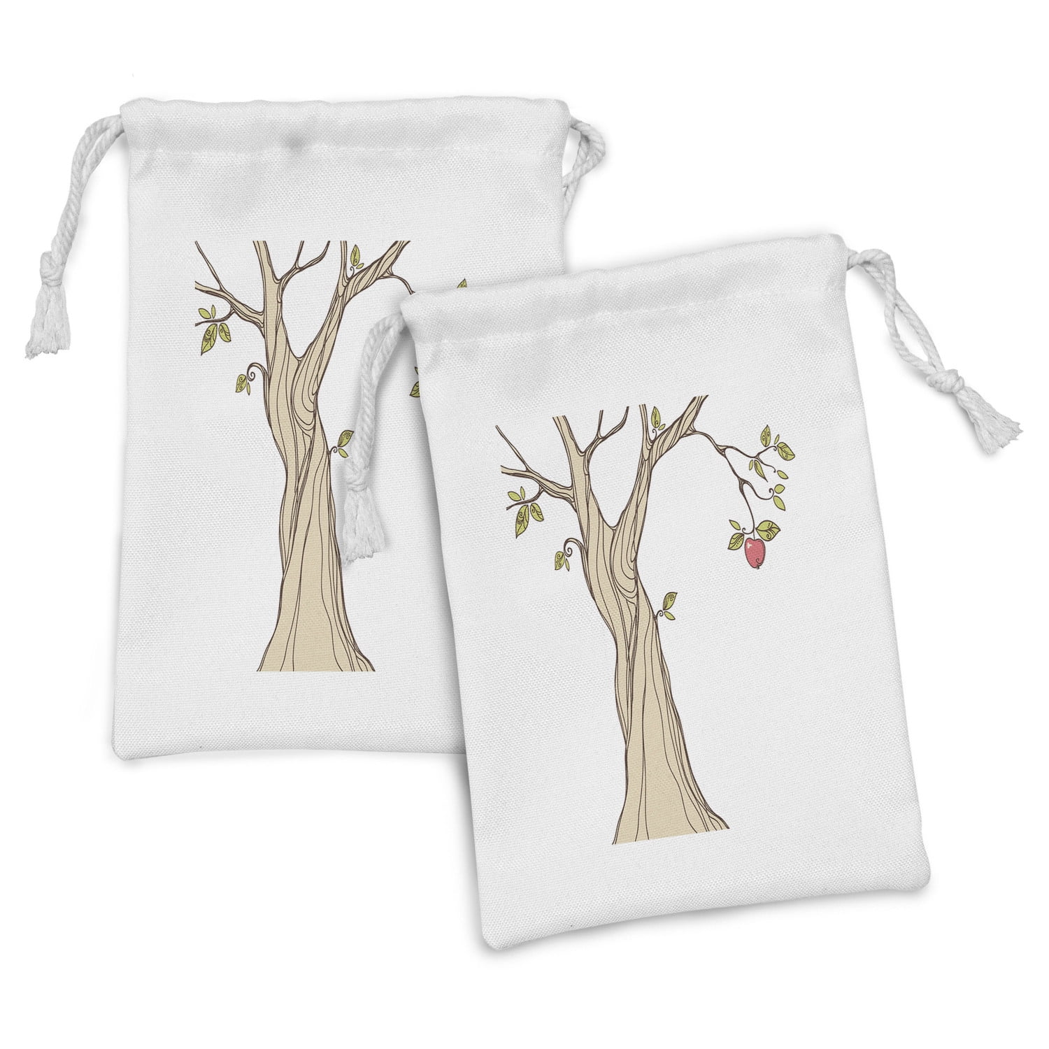 Cartoon Fabric Pouch Set of 2, Old Tree Drawing with Apples and Leaves ...