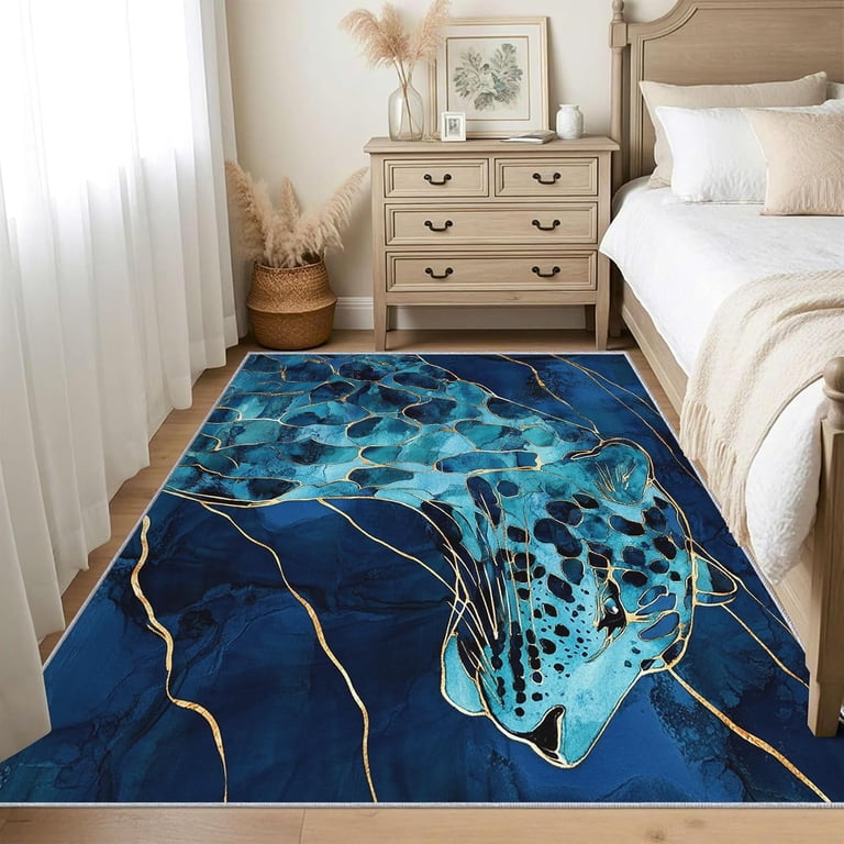 Navy Blue Marble Cheetah Area Rugs, Animal Print Abstract Carpet ...