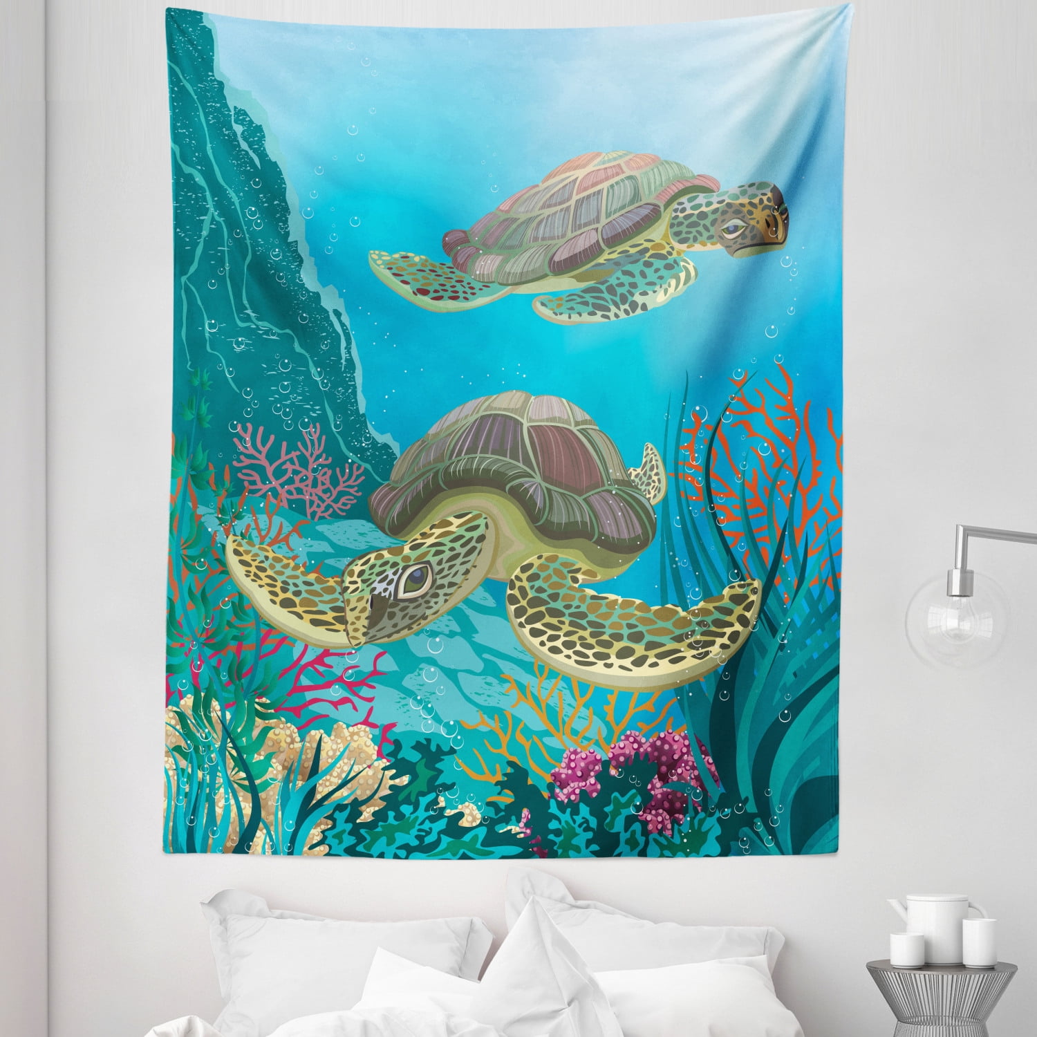 Ocean Tapestry, Illustration of 2 Sea Turtles Swimming Underwater ...