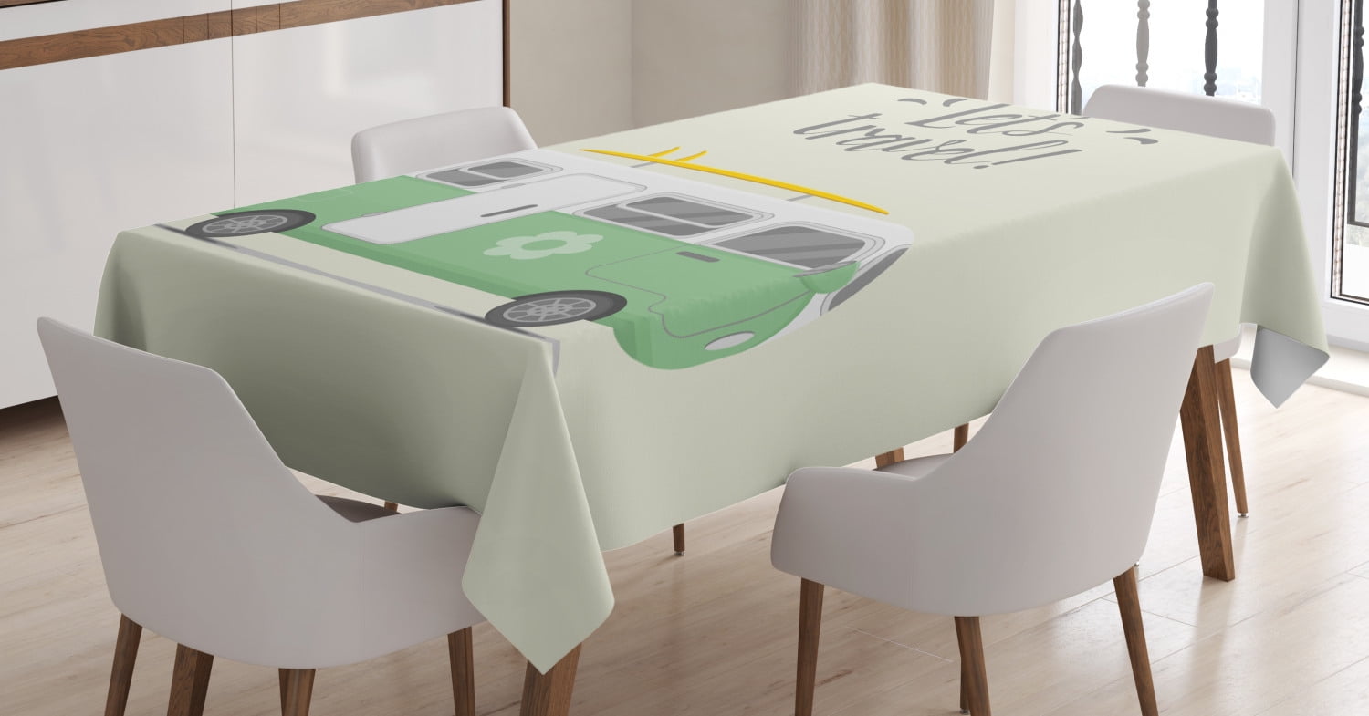 Camper Tablecloth, Let's Travel Quote with Vintage Hippie Van Surfboard ...