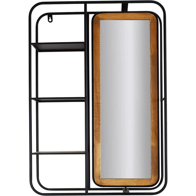 Wood Wall Mirror with Metal Shelves, Decorative Wall Mounted Hanging ...