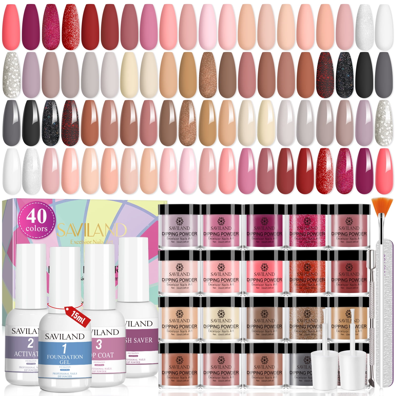 Saviland 49Pcs Dip Powder Nail Kit - 40 Colors All Season Dip Powder ...