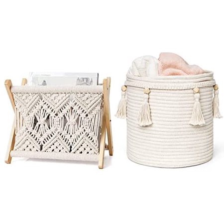 Xizioo Macrame Magazine Rack and Macrame Laundry Basket Nursery Storage ...