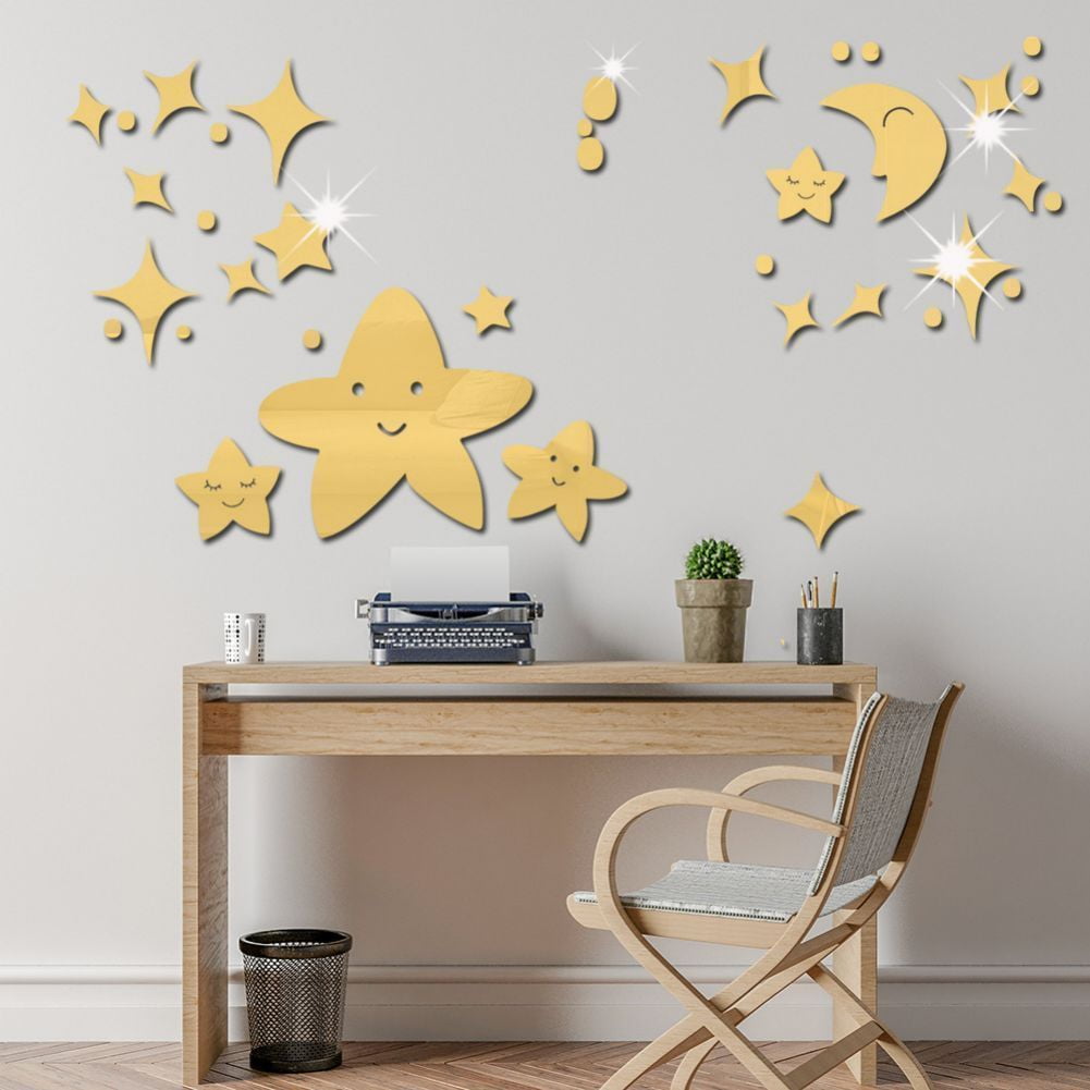 KYAIGUO 2 Sets 3D Stars & Moon Wall Decals Acrylic Mirror Wall Stickers ...