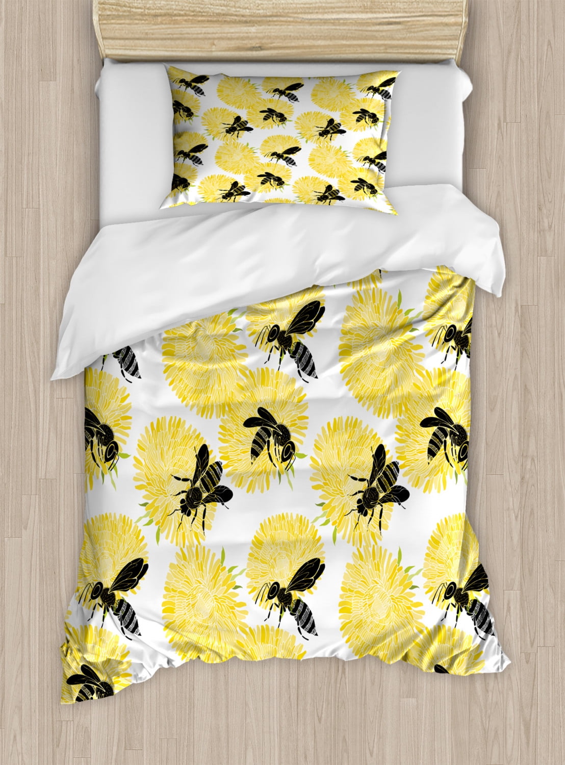 Bee Twin Size Duvet Cover Set, Bees and Dandelion Flowers in Nature ...