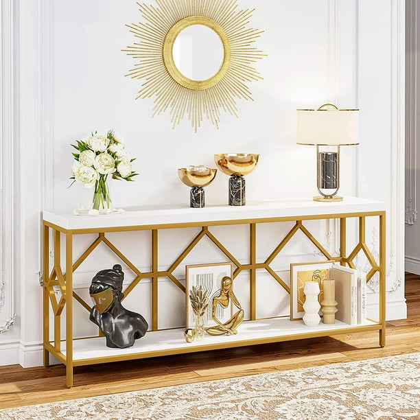 71 Inch Tribesigns Extra Long Console Table Modern Sofa Table with Open Storage Shelf White Gold Walmart Business Supplies