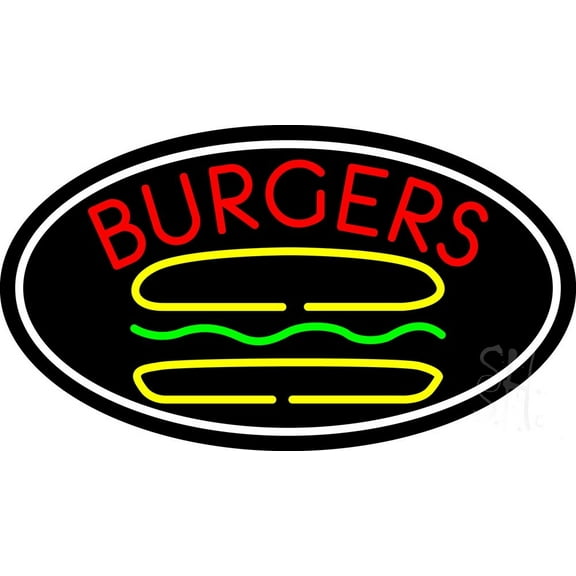 Burger Circle LED Neon Sign 24 x 24 - inches, Black Square Cut Acrylic ...