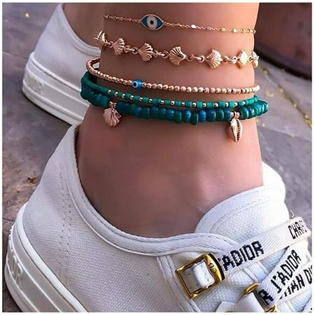 Boho Evil Eye Anklet Set Layered Gold Shell Ankle Chain Turquoise ...