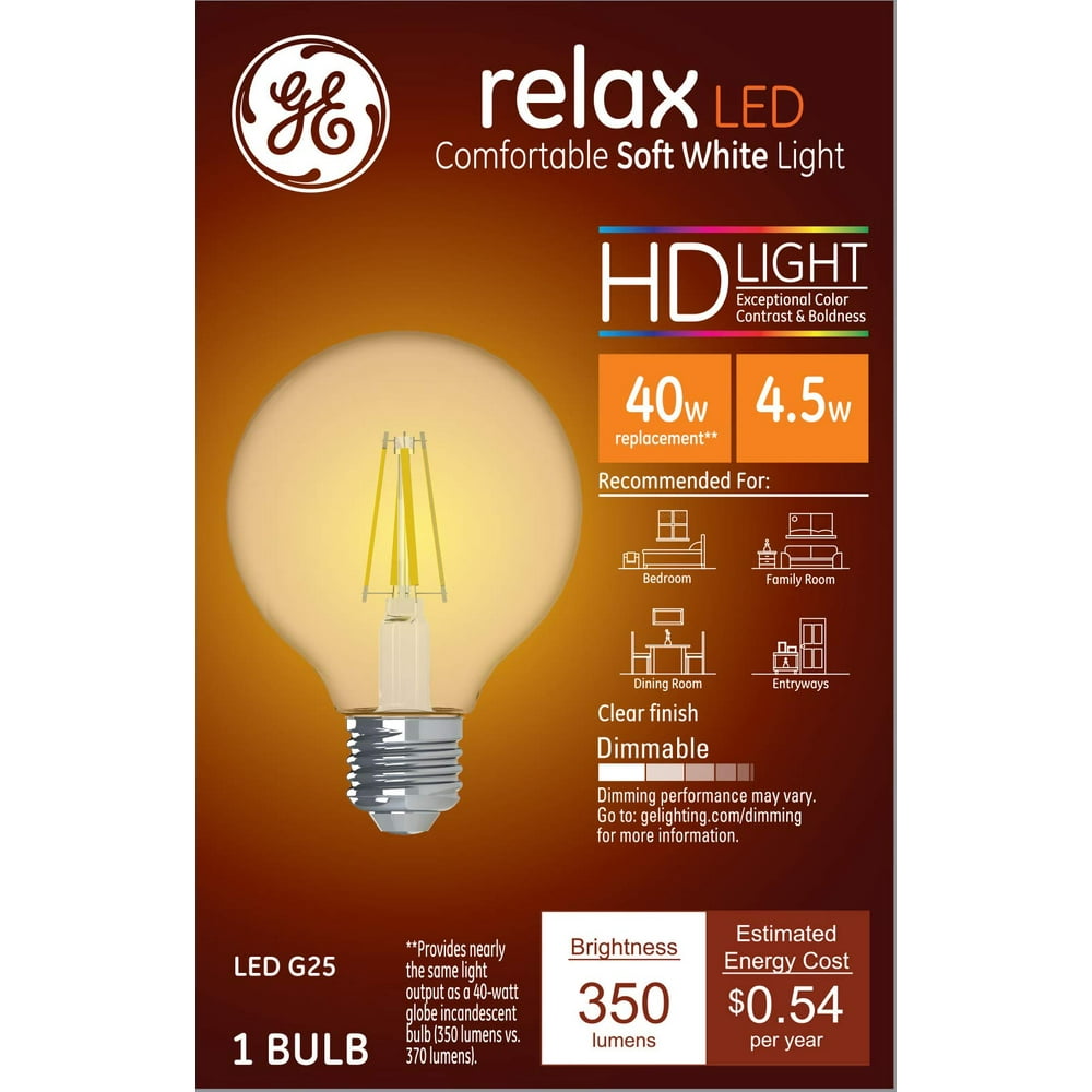 GE Lighting 36850 Clear Finish Light Bulb Relax HD Dimmable LED G25 ...