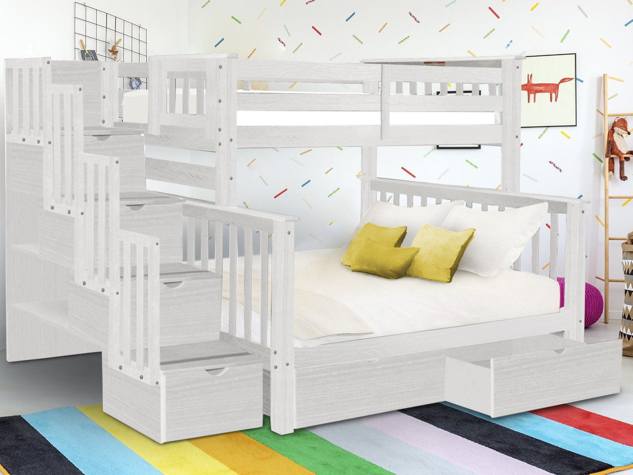 Bedz King Stairway Bunk Beds Twin over Full with 4 Drawers in the Steps ...