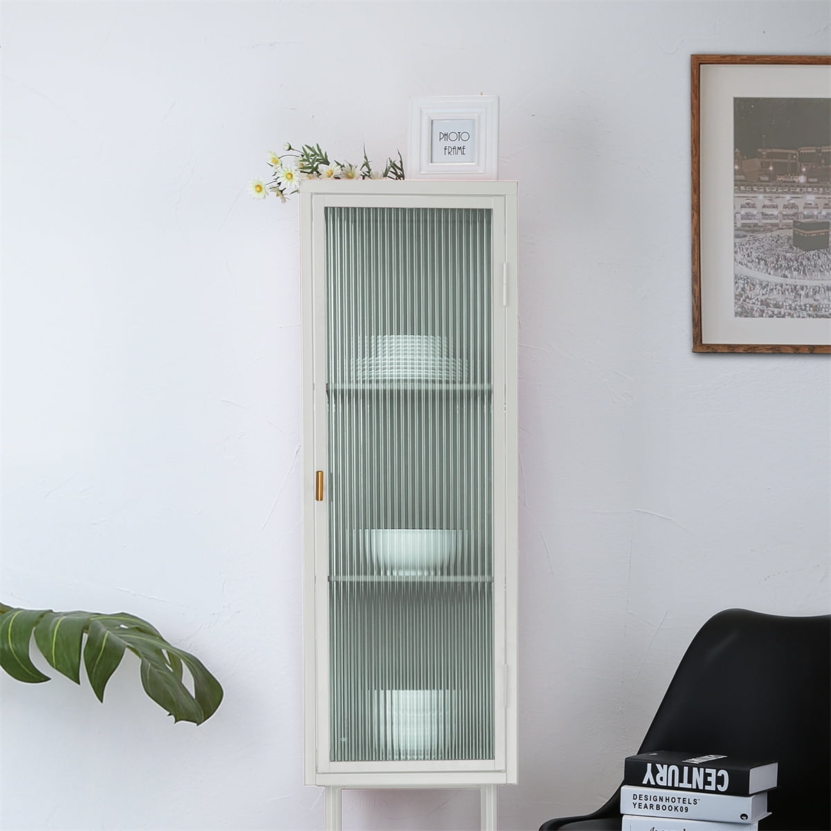 Freestanding Tall Display Cupboard, Metal Storage Cabinet with Glass ...