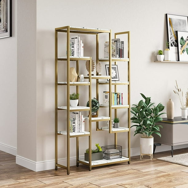 Dextrus 6 Tier Gold Bookshelf, 71” Tall Modern Free Standing Bookshelf ...