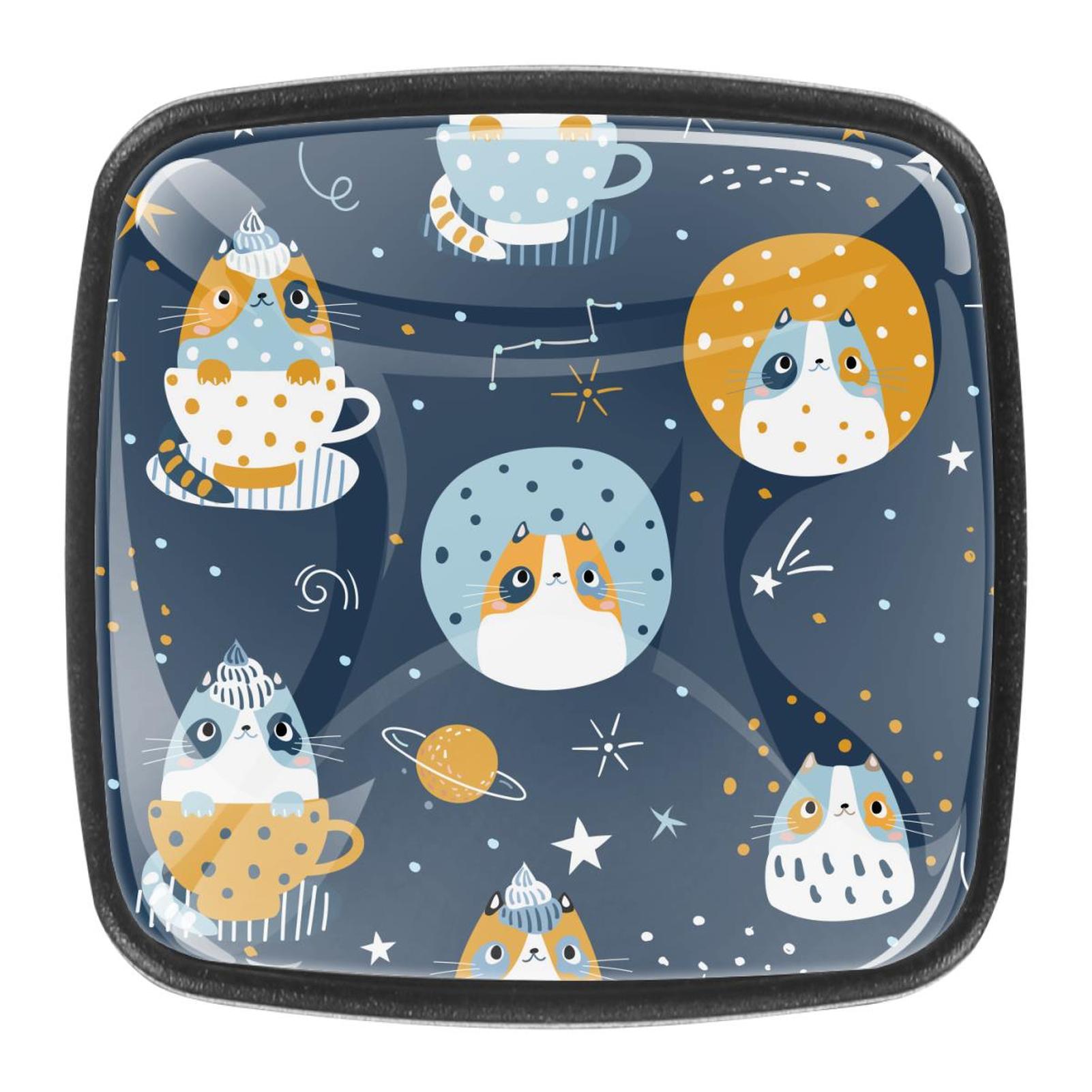 Ownta Cute Cup Cats Kitty Stars Square Glass Drawer Handles Knobs Pulls ...
