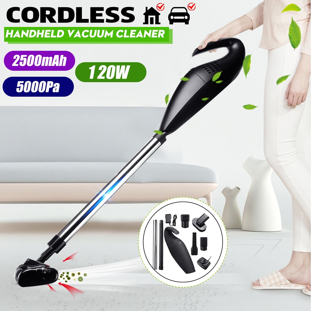 120w 2 In 1 Handheld Cordless Vacuum Cleaner 5000pa Strong Suction Wet