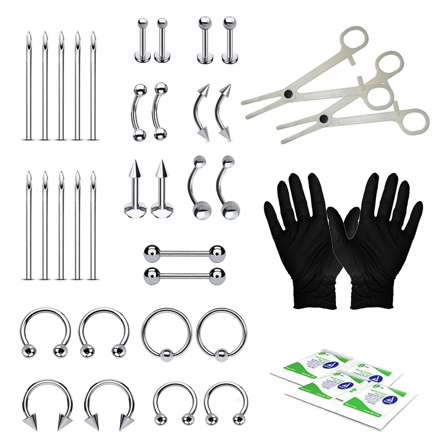 Body Piercing Kit Needles 16g 14g Silvetone Jewelry Belly Tongue Tragus