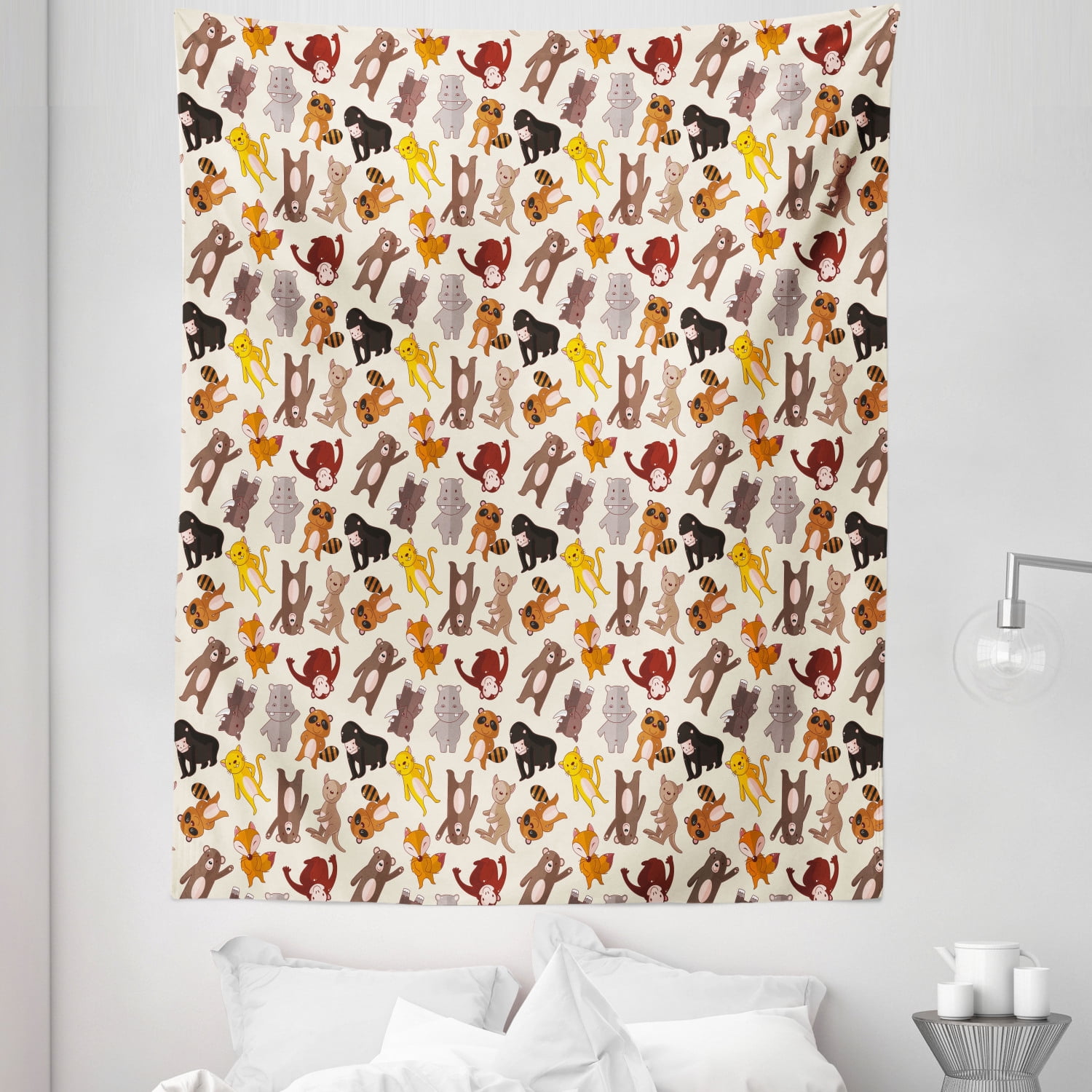 Cartoon Animal Tapestry, Friendly Jungle Animals Happy Mammals Life in ...