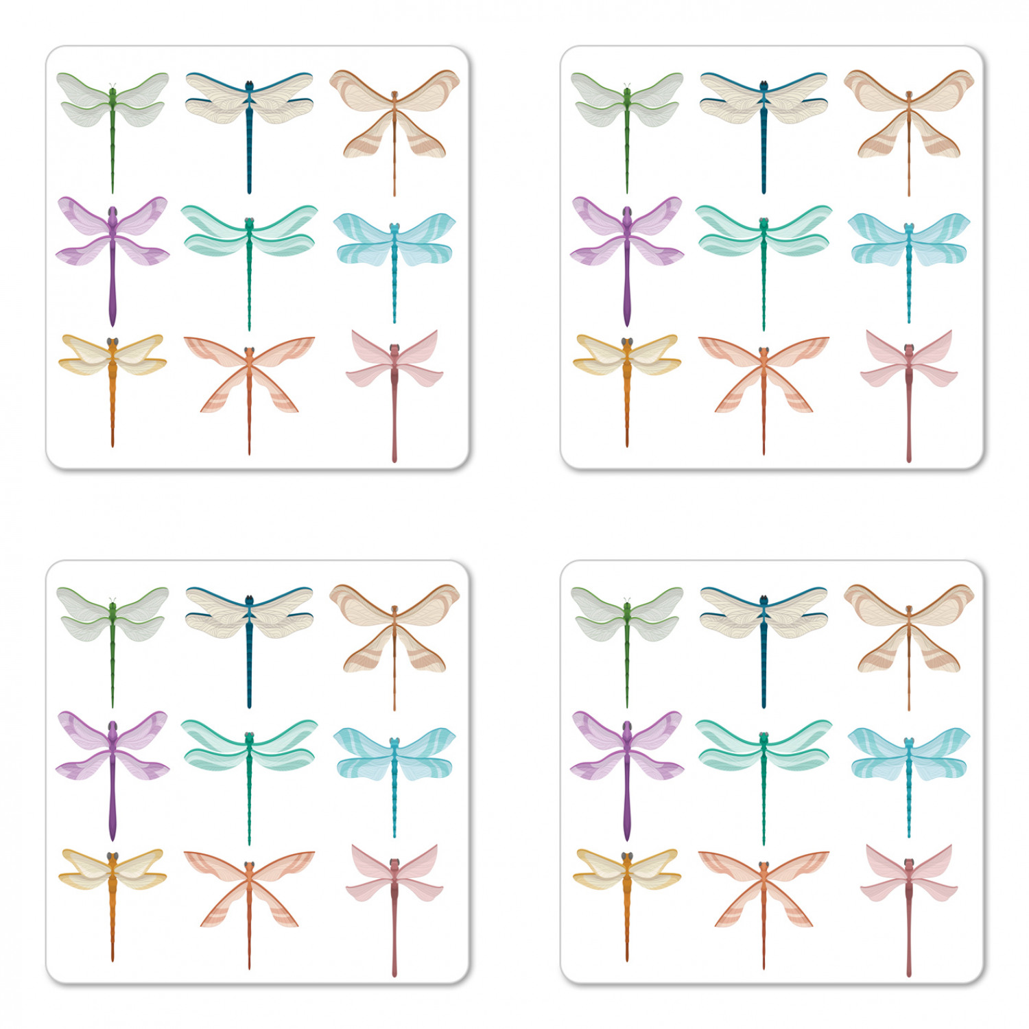 Dragonfly Coaster Set of 4, Vivid Insects with Fragile Wings on Plain ...