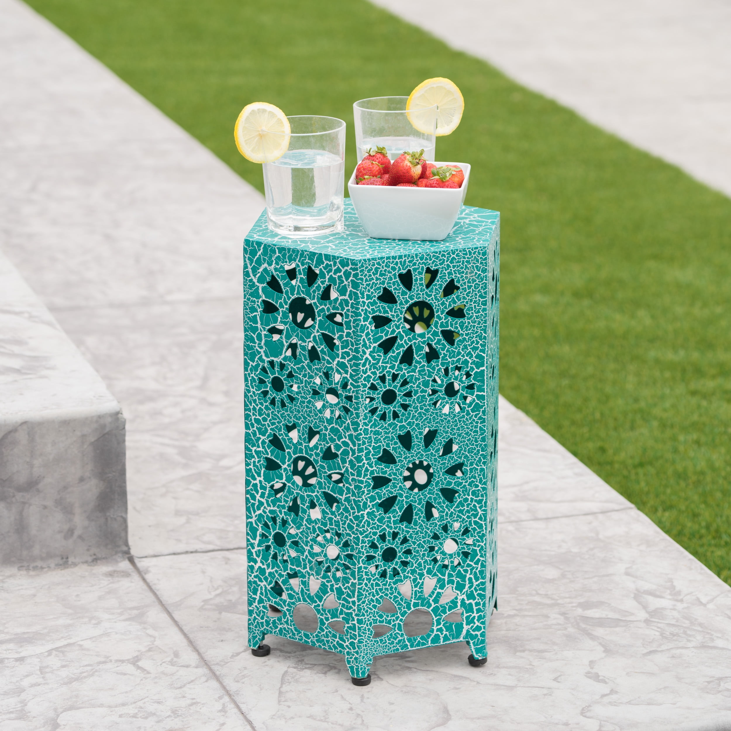 Marshall Outdoor 12-Inch Sunburst Iron Side Table, Crackle Teal ...
