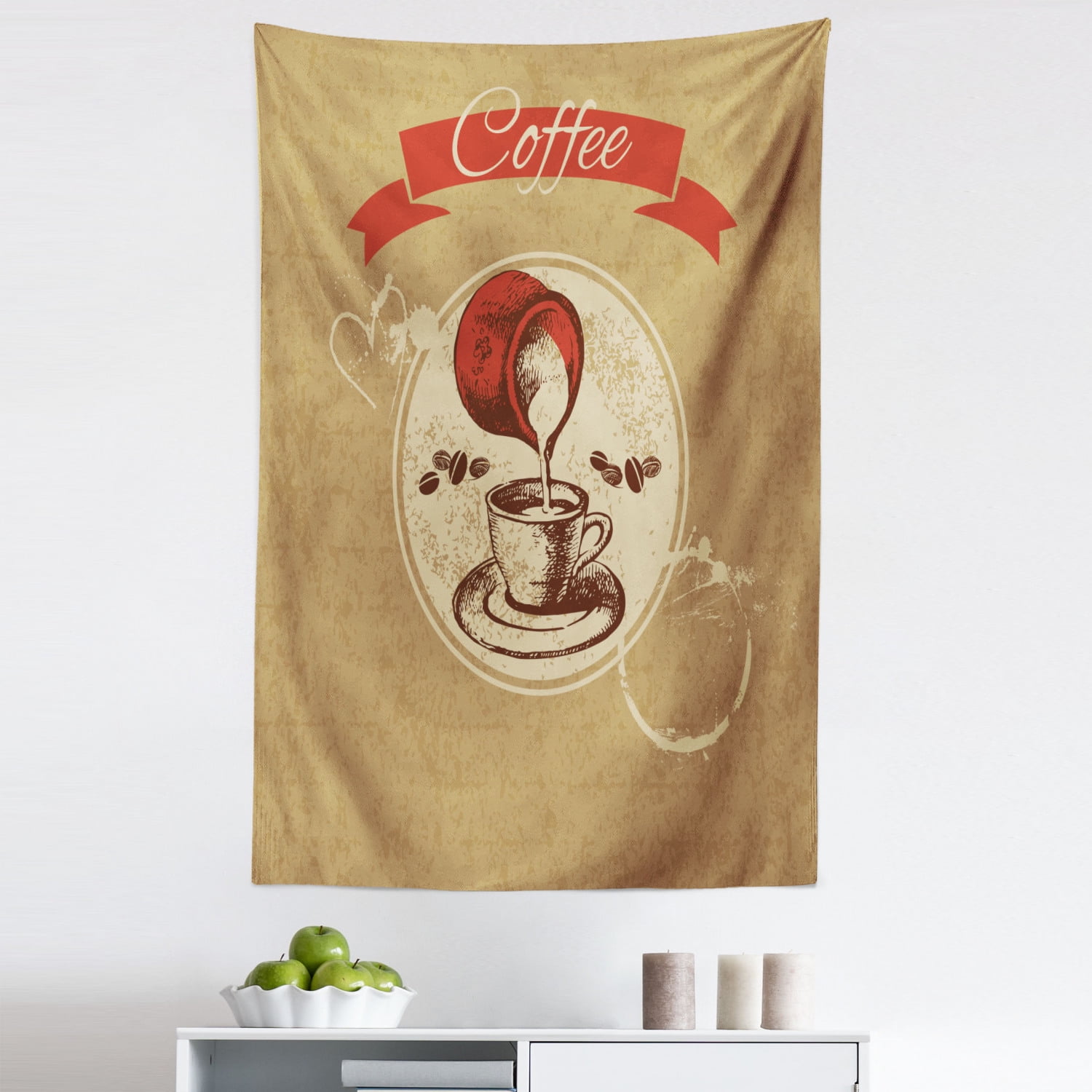 Coffee Tapestry, Weathered Look Vintage Circle Frame Spilling Milk for ...