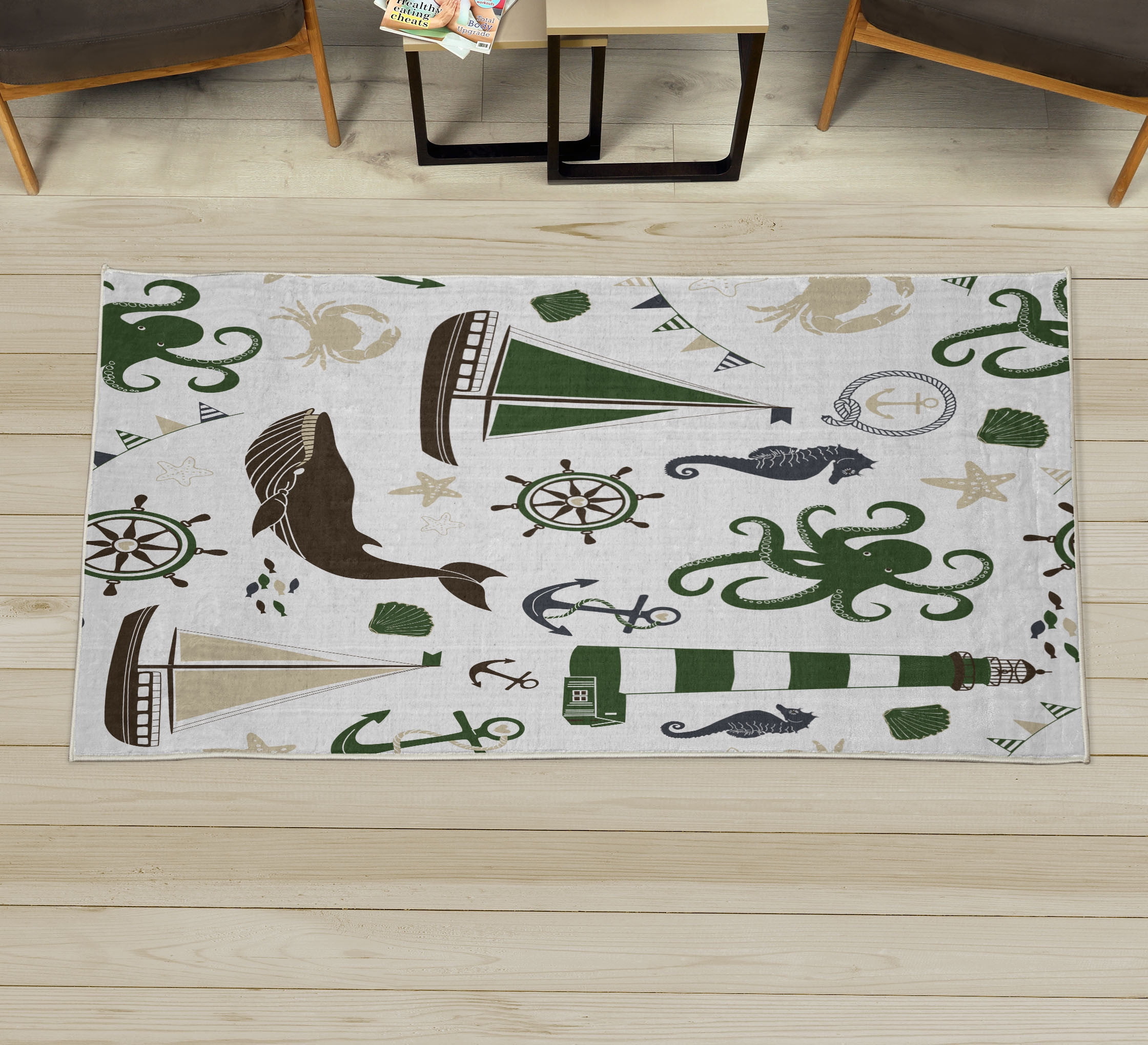 Nautical Decorative Rug, Pastel Colored Composition of Lighthouse ...