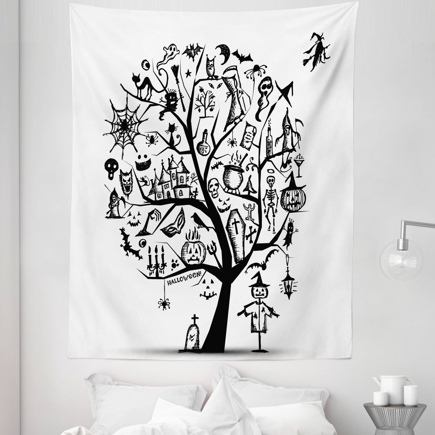Halloween Tapestry, Sketchy Spooky Tree Scary Design Objects and Wicked ...