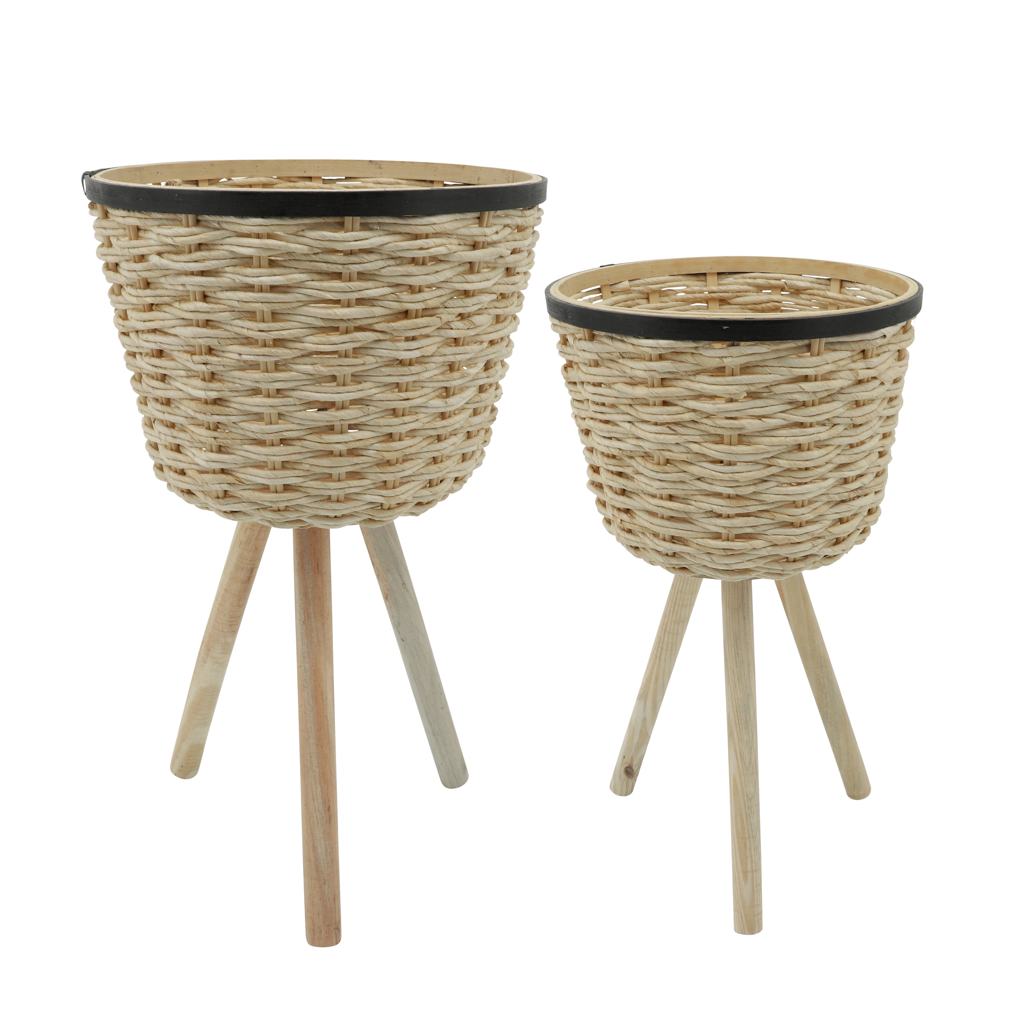 Sagebrook Home Set Of 2 Wicker Footed Planters, White, Novelty, Bamboo ...
