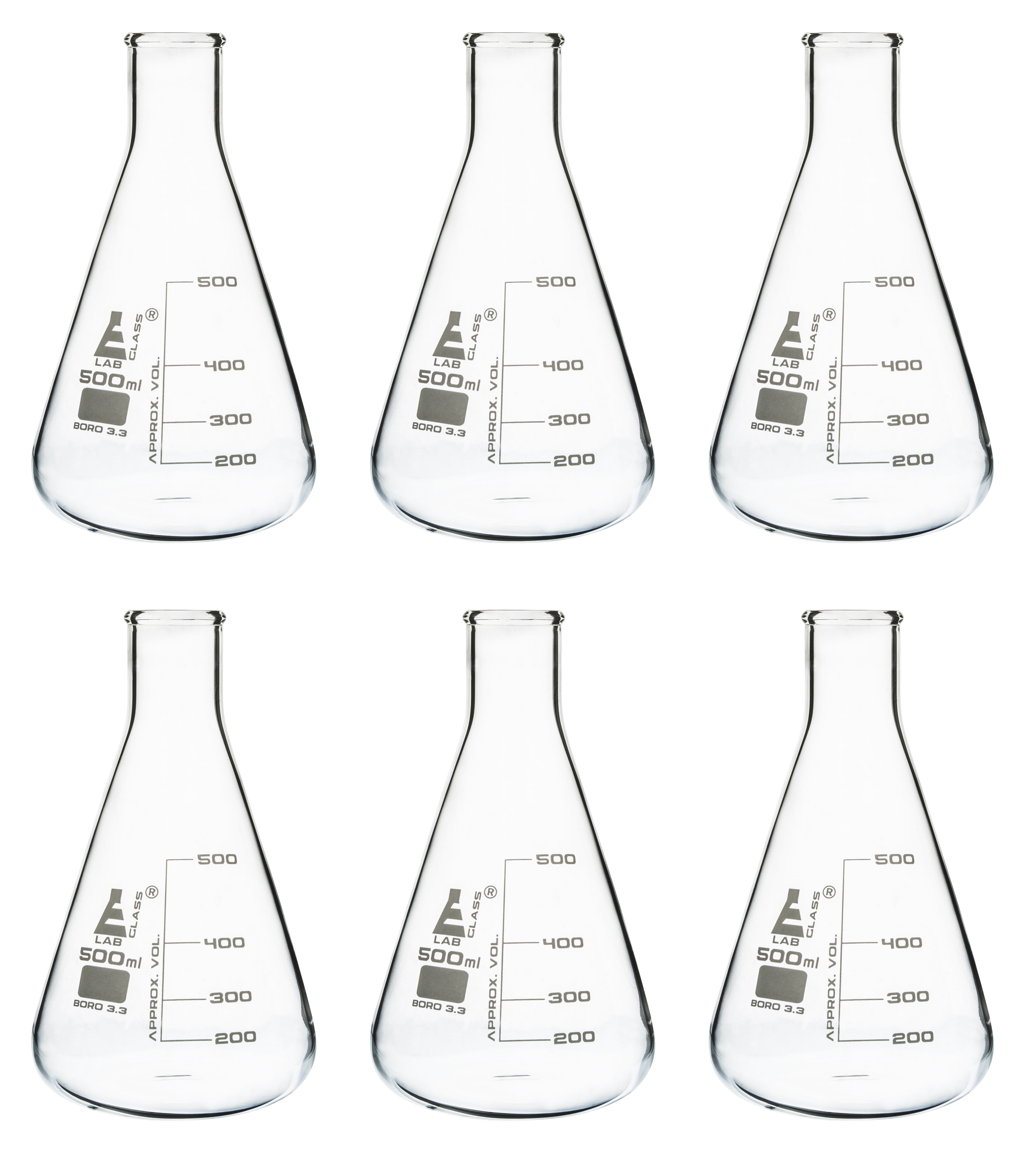 6PK Lab Erlenmeyer Flasks, 500mL - Borosilicate Glass - Narrow Neck ...