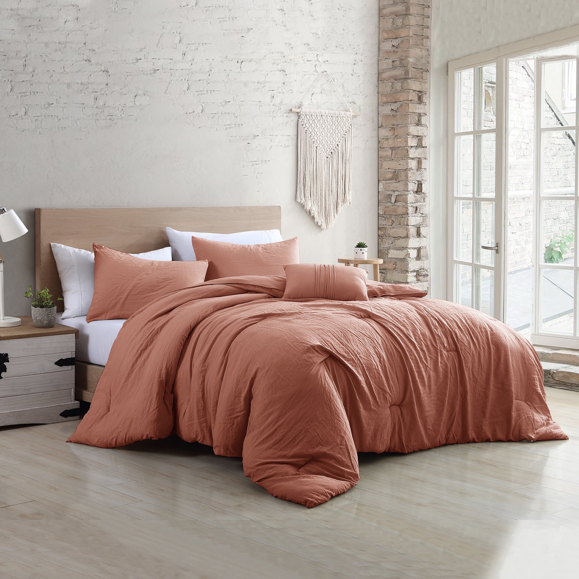 4 Piece Garment Washed Comforter Set Beck Dark Rose Queen Walmart