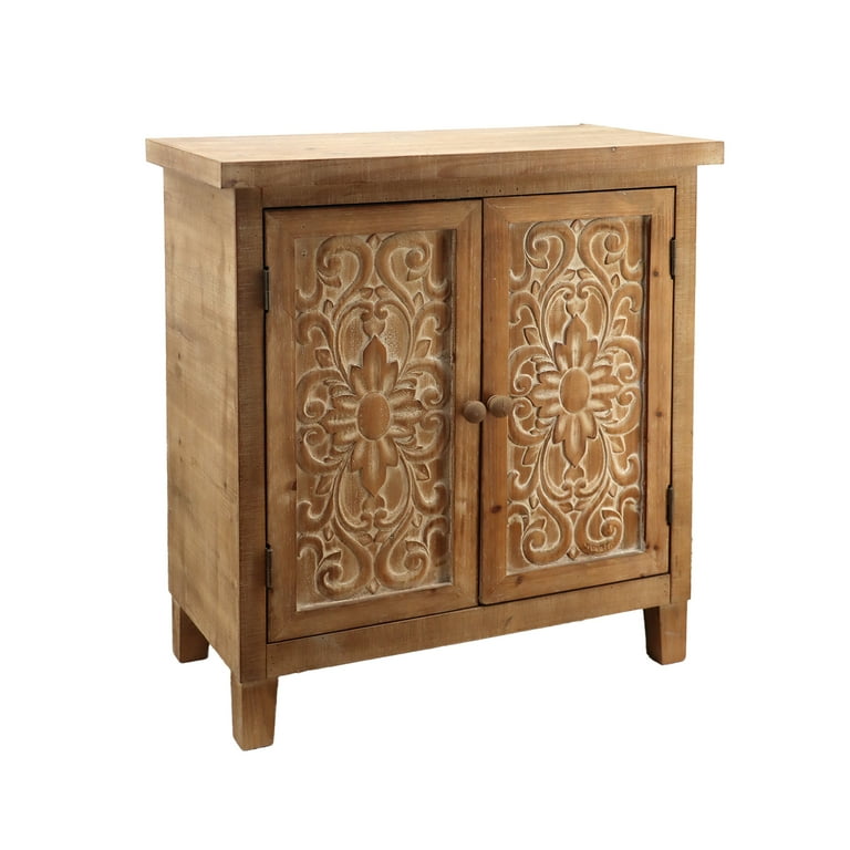 PARISLOFT Retro Wood Storage Cabinet with 2 Carved Design Doors