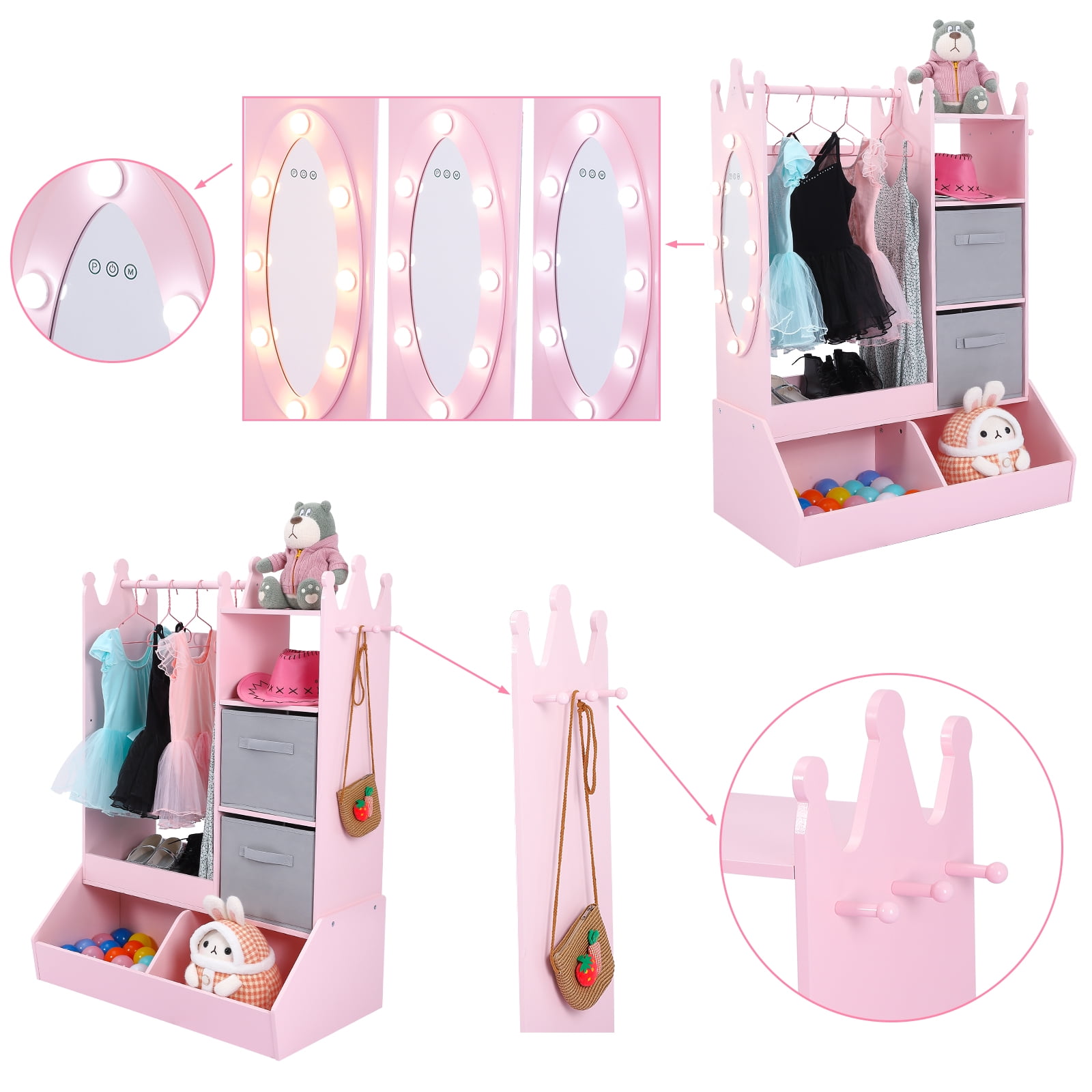 EastVita Girls'Dress up Storage with Light Mirror Princess Clothing ...