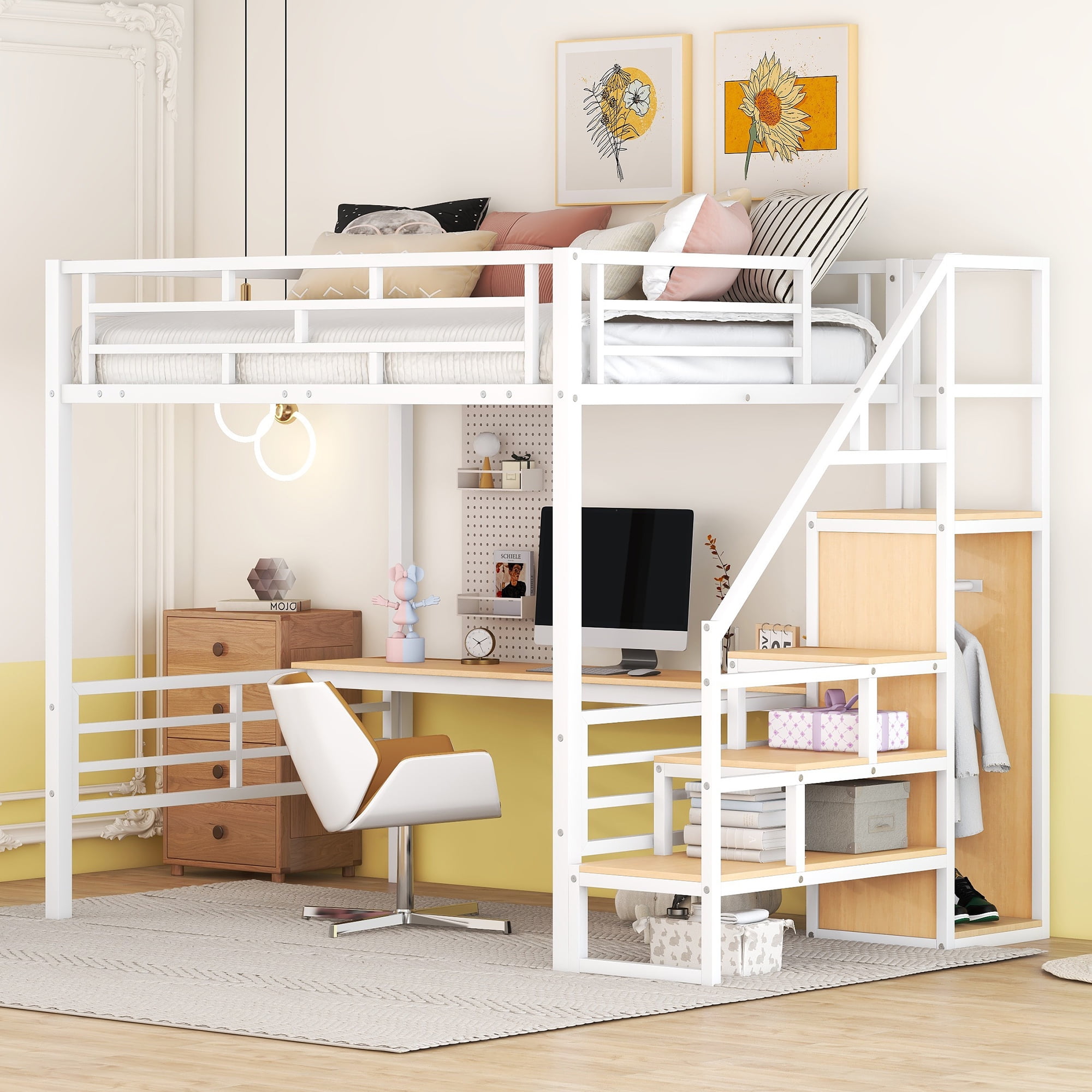 Nestfair White Full Size Metal Loft Bed with Desk, Storage Staircase and Small Wardrobe ...