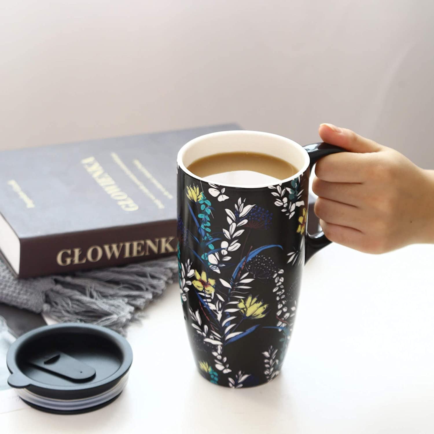 Coffee Ceramic Mug Porcelain Latte Tea Cup With Lid 17oz. Black ...