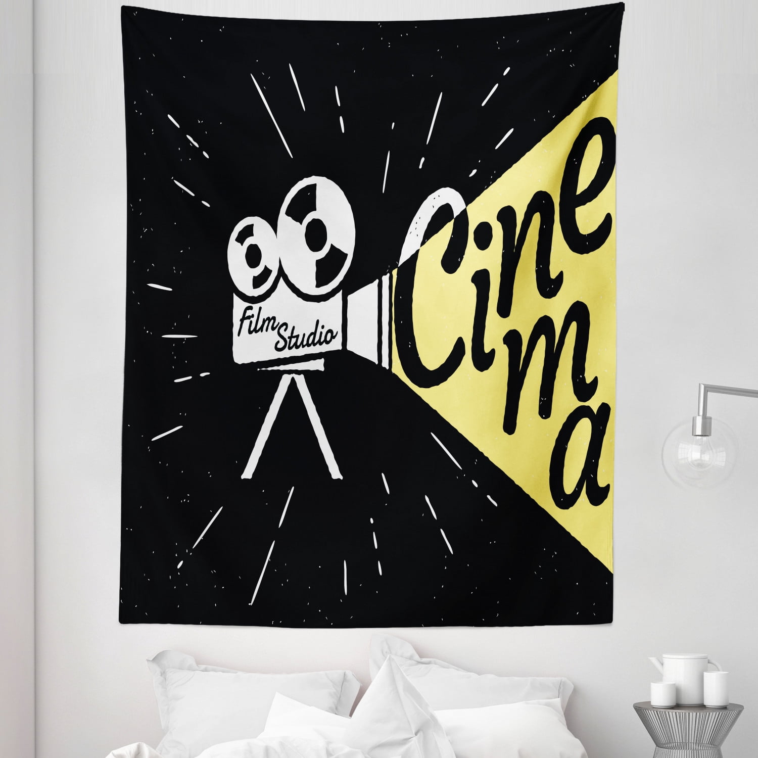 Movie Theater Tapestry, Movie Projector Sketch with Grunge Cinema ...