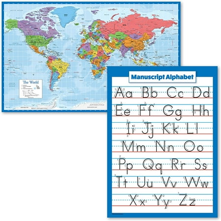 2 Pack - World Map Poster [Blue Ocean] & Manuscript Handwriting ABC ...