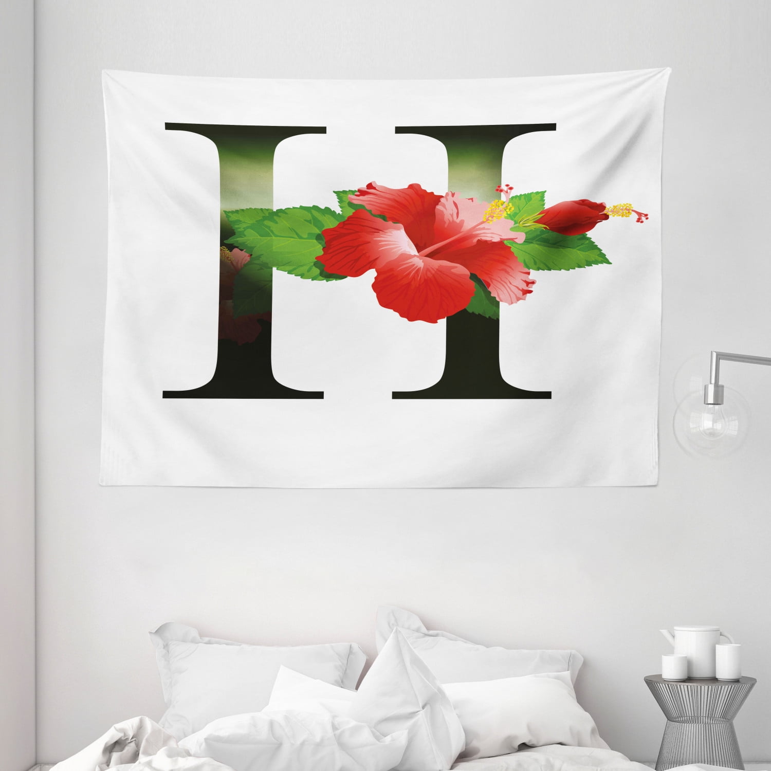 Letter H Tapestry, Hibiscus Design Green Leaves Vibrant Color Flower ...