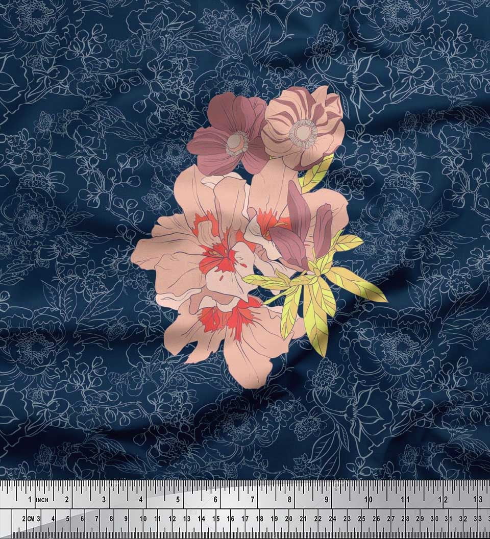 Soimoi Blue Satin Silk Fabric Leaves & Floral Print Fabric by The Yard ...