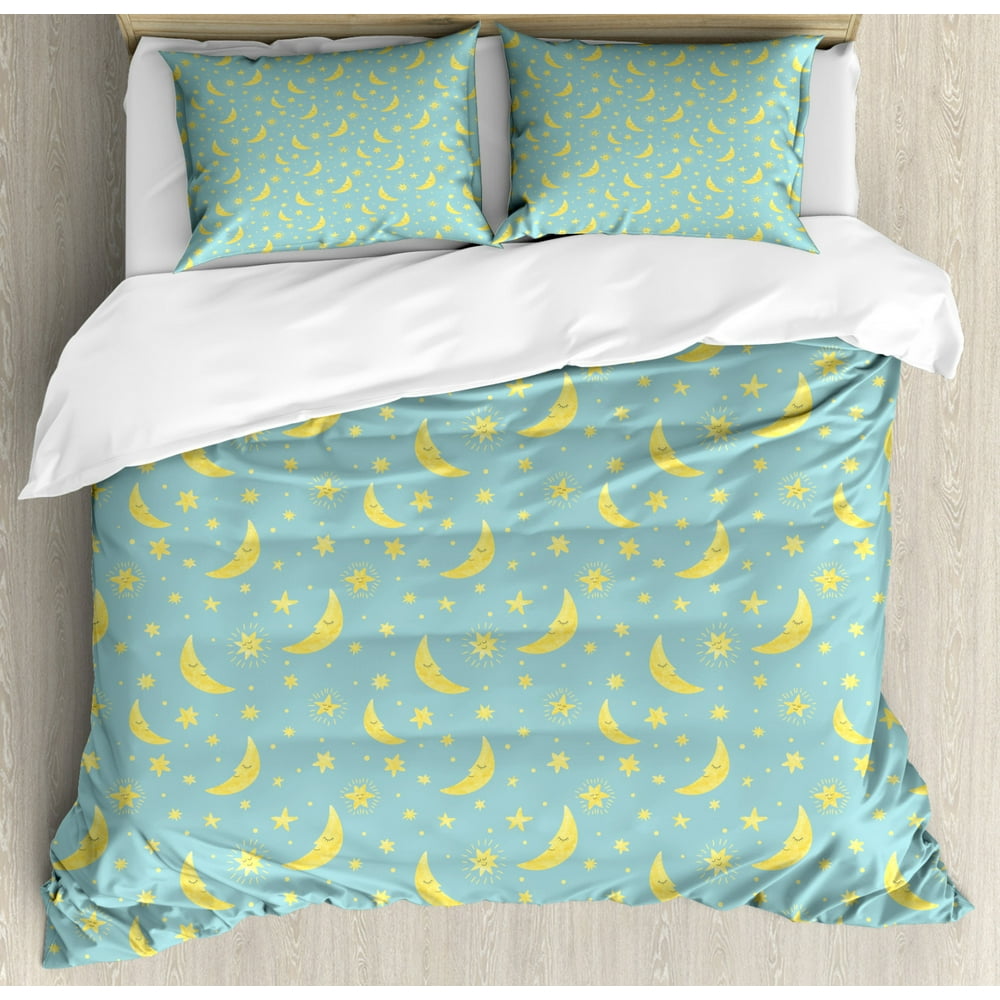 Yellow and Blue Queen Size Duvet Cover Set, Doodle Night Sky with ...
