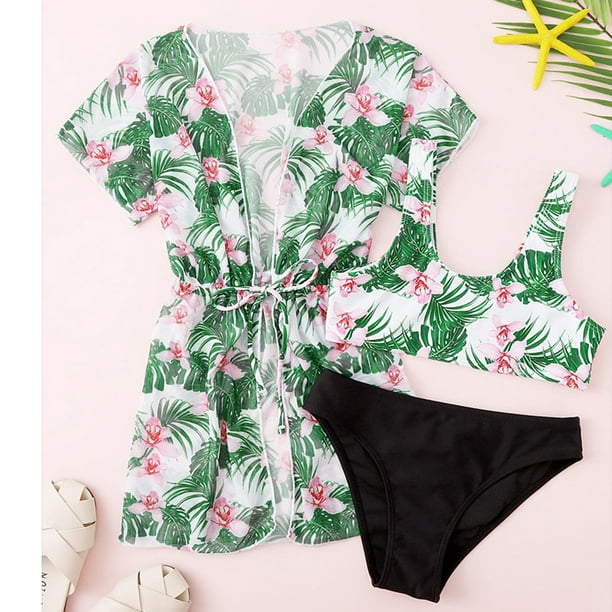 URMAGIC Child Girls 3 Pieces Floral Bikini Set and Kimono Bathing Suit ...