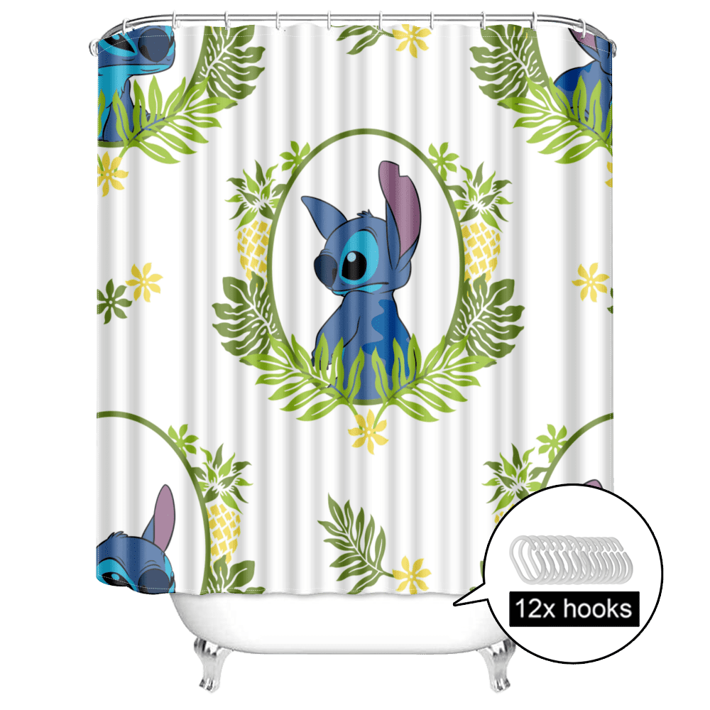 Cartoon Stitch Kawaii Fabric Shower Curtain For Home Bathroom With 12