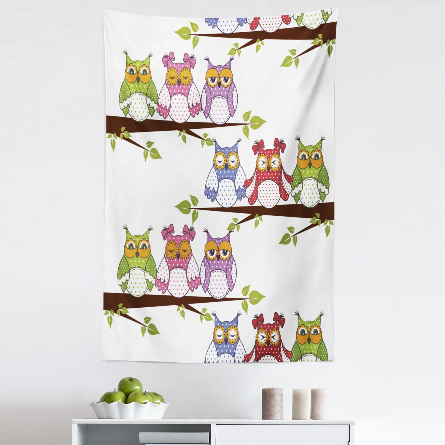 Owls Tapestry, Owls on the Tree Branches Sitting in Horizontal Line ...